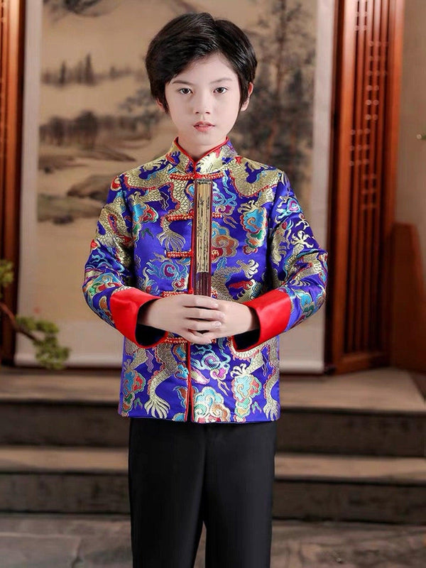 Boy's Chinese New Year Jacket, Blue Cheongsam Jacket For Boy Dragon pa ...