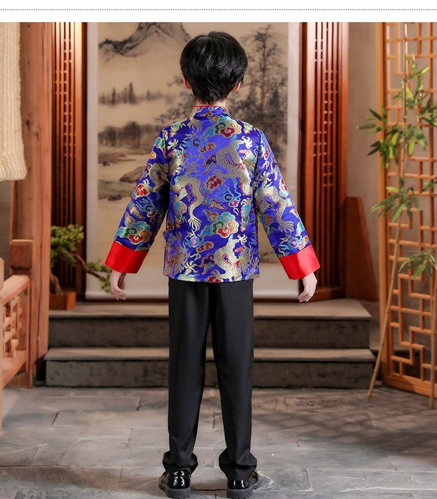 Boy's Chinese New Year Jacket, Blue Cheongsam Jacket For Boy Dragon pa ...